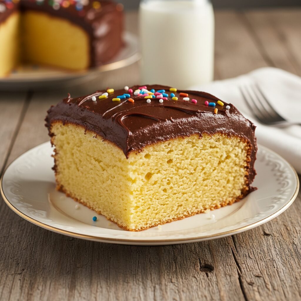 Classic Moist Yellow Sheet Cake with Rich Chocolate Fudge Frosting